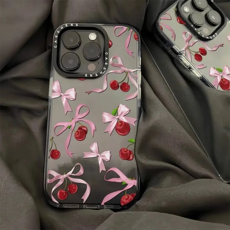 Ins Korean Lovely Bow Cherry Phone Case For iPhone 16 15 14 13 12 11 ...