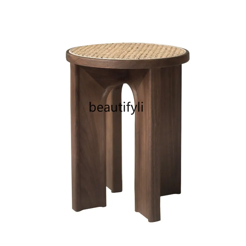 Solid-Wood-round-Stool-Black-Walnut-Rattan-Side-Table-Log-Nordic-Simple ...