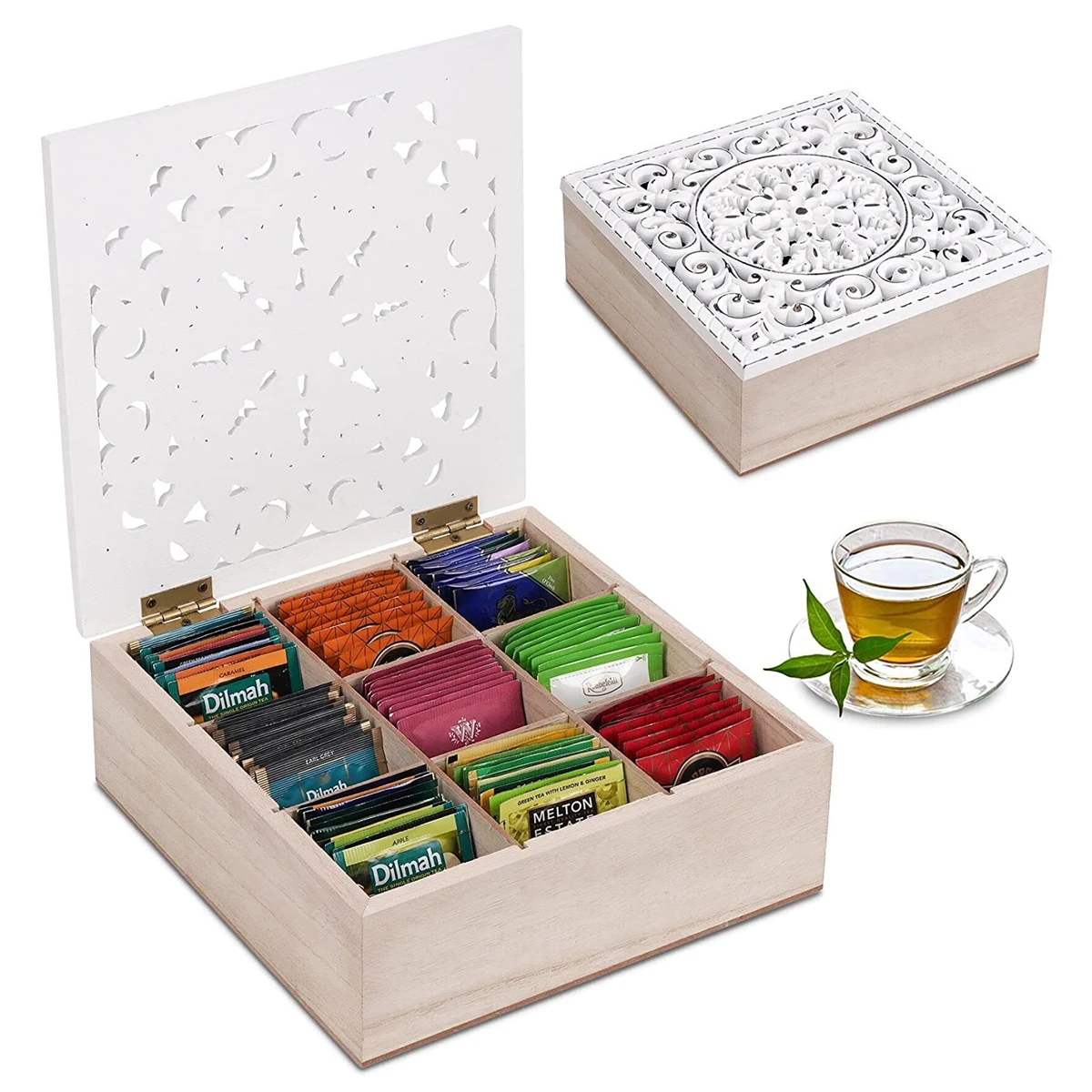Hollow Lid Wooden Tea Bag Box Organizer Wood Storage Container Tea ...