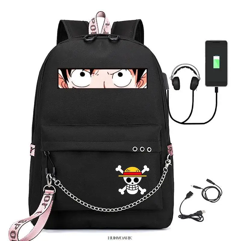 One Piece Students School Backpacks Usb Charging Anime Black Bags For ...