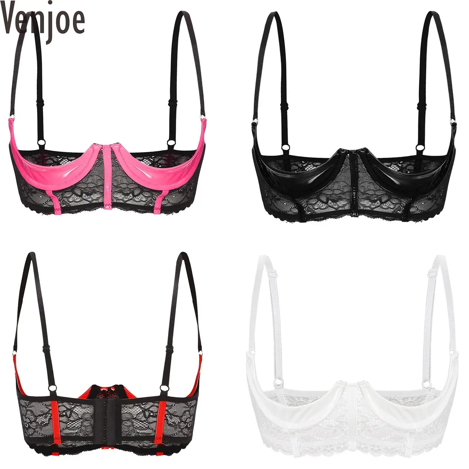 Womens-Patent-Leather-1-3-Cup-Push-Up-Underwired-Bra-Top-Floral-Lace ...