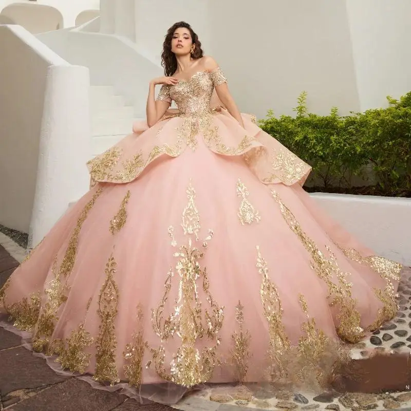 Rosa-von-der-Schulter-Perlen-Perlen-Ballkleid-Quince-anera-Kleider ...