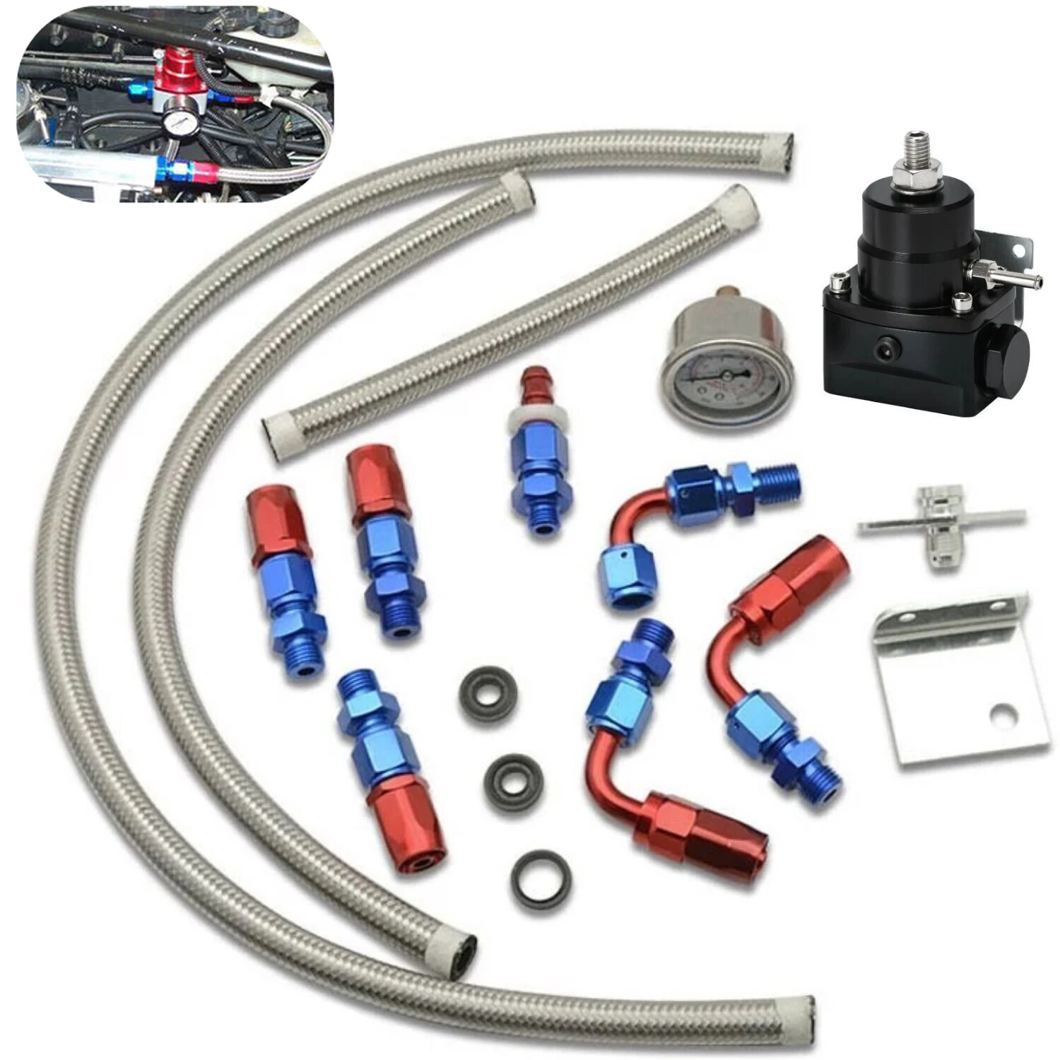 Universal Adjustable Fuel Pressure Regulator Guage Kit Oil Line 100PSI ...