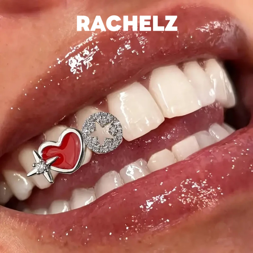 RACHELZ Y2K Vintage Red Heart Zircon Teeth Caps Hip Hop Hollow Star CZ ...
