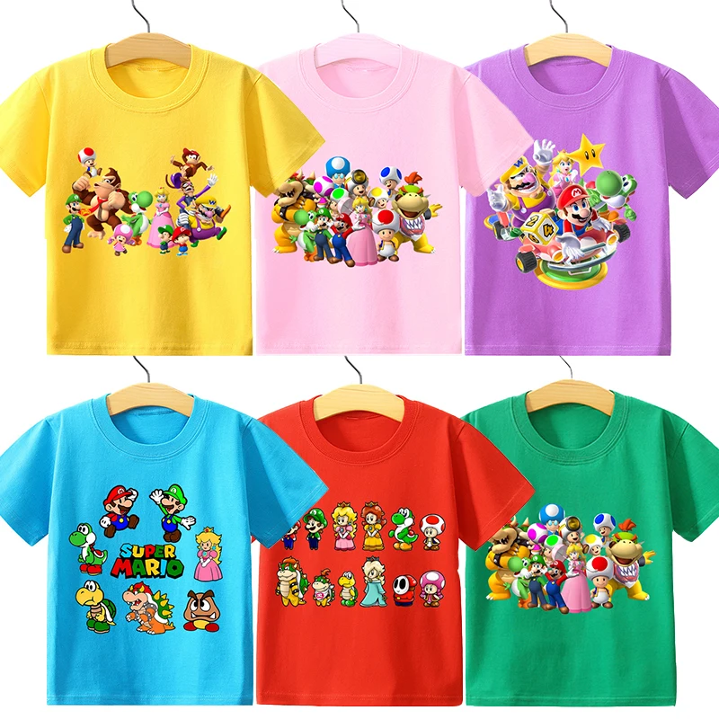 Marios Bros 소년 코튼 티셔츠, 복숭아 공주 소녀 티셔츠, 슈퍼 마리오 여름 아기 옷, 만화 애니메이션 인쇄 어린이 ...