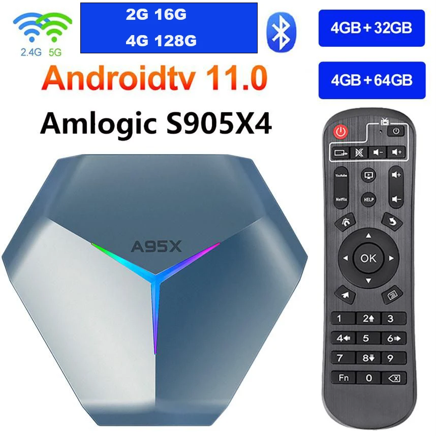 A95X F4 RGB 라이트 TV 박스, 안드로이드 11, Amlogic S905X4, 4G, 128G, 듀얼 와이파이, BT 미디어 플레이어, 8k vs x96 x4 ...