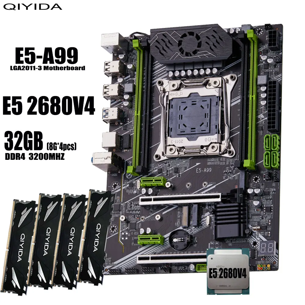 QIYIDA X99 motherboard set kit xeon LGA2011-3 E5 2680 V4 4*8gb=32GB ...