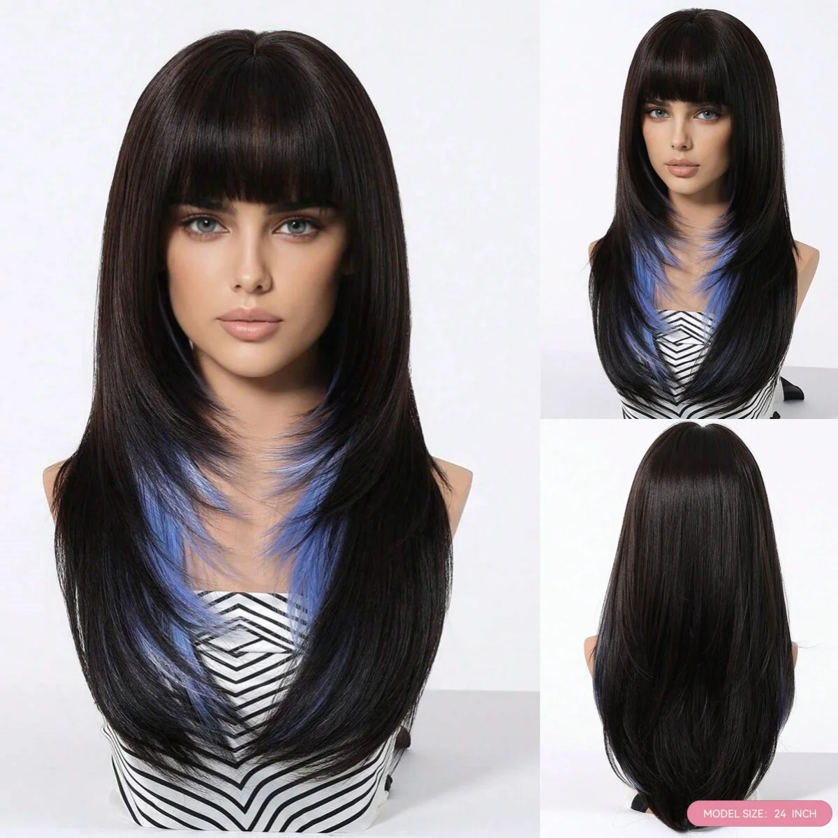 Black Mixed Blue Wigs Long Straight Layered Wigs with Bangs Natural ...
