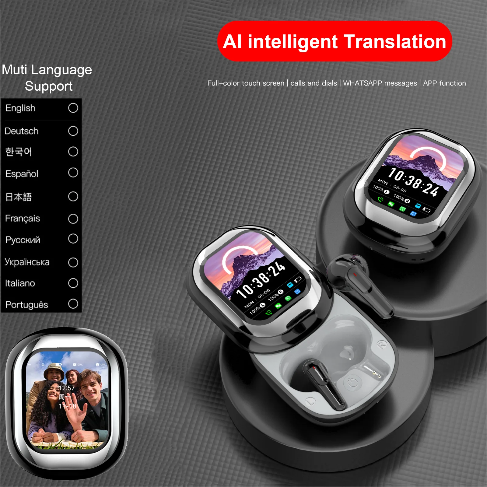 2025 New AI Translation Slide Wireless Bluetooth 5.4 Earphones 2 inch ...