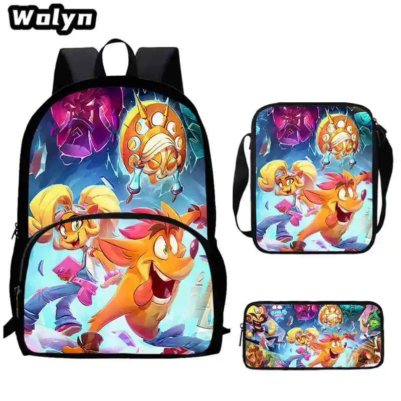 3Pcs-Set-Cartoon-Crash-Bandicoot-School-Backpack-Shoulder-Bags-Pencil ...