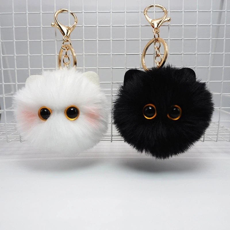 Black-White-Furry-Ball-Keychain-Blusher-Cat-Pendant-Stuffed-Animals-Key ...
