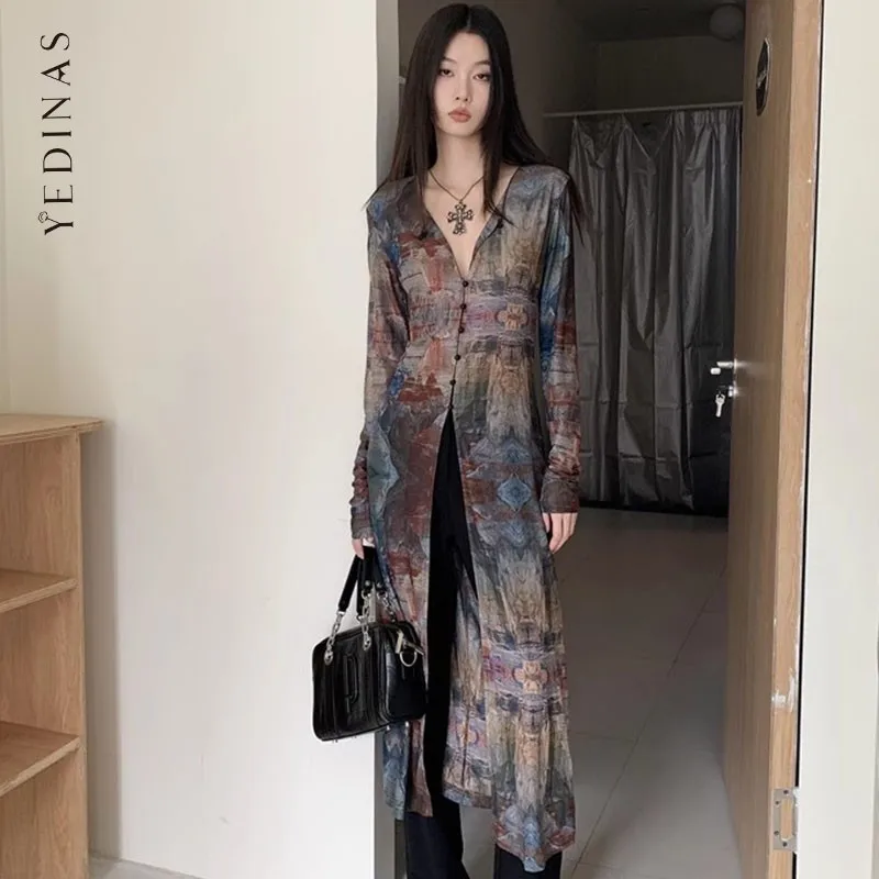 Yedinas Indie Folk Tie Dye Mesh Tops Long Shirt Women Clothes Long ...