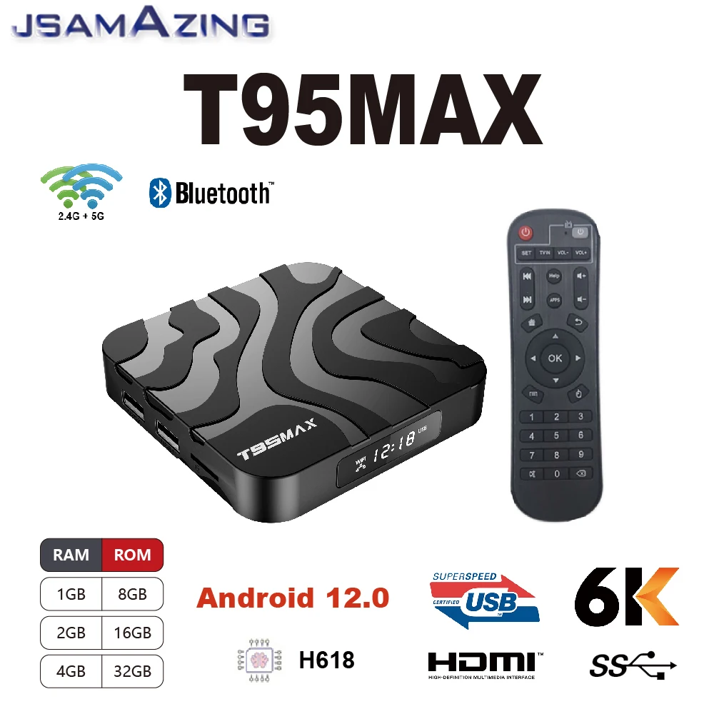 T95 MAX Android Smart TV Box, 6K, 2.4G, 5G, Bluetooth 4.0, 4GB, 16 GB ...