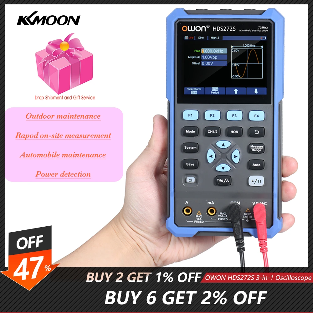 Owon Hds272s 3-in-1 Oscilloscope Multimeter Waveform Generator 2ch 70mhz Bandwidth 20000 Counts ...
