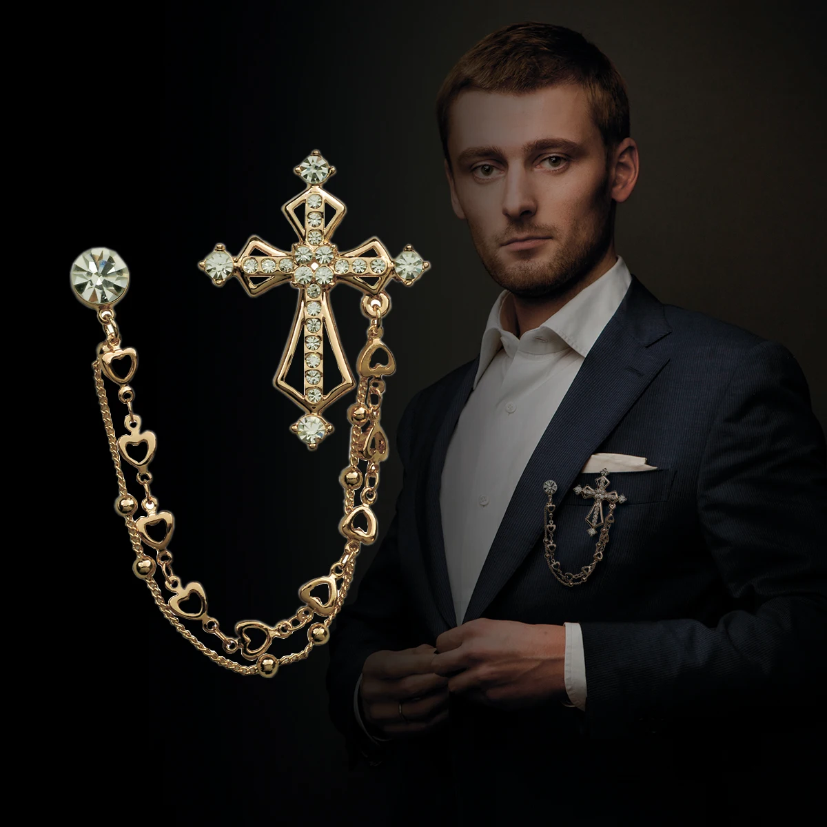High-End-British-Style-Vintage-Crystal-Cross-Brooch-Pin-Double-Chain ...