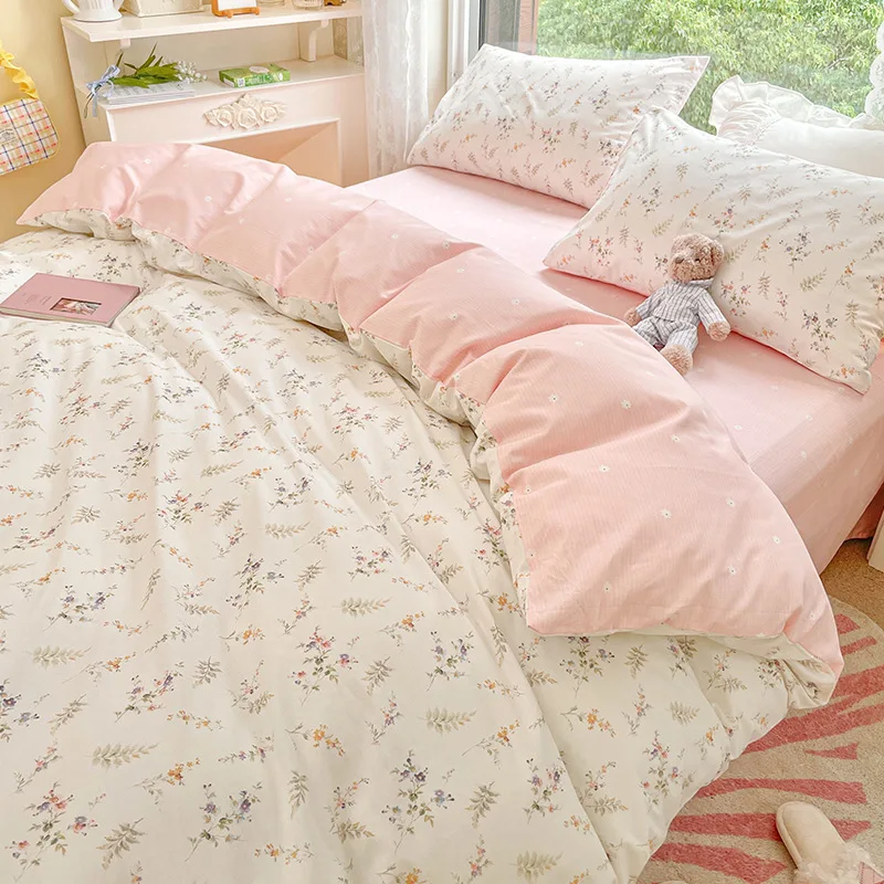Ins-Pink-Floral-Bedding-Set-For-Girls-Woman-Duvet-Cover-Flat-Sheet-and ...
