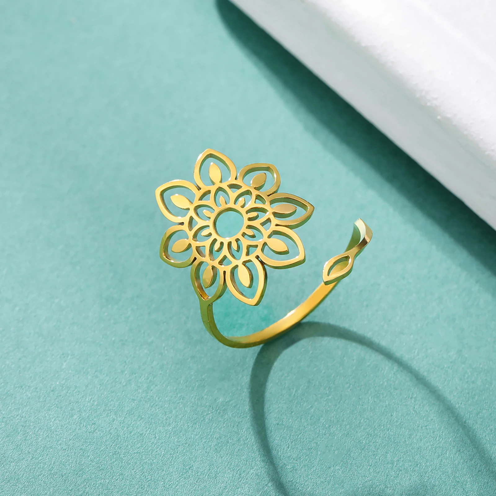 New-In-Filigree-Lotus-Flower-Women-Rings-Stainless-Steel-Gold-Color-Adjustable-Finger-Ring ...