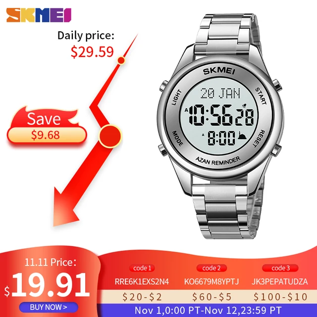 SKMEI New Stainless Steel Muslim Azan Men Watch for Prayer with Qibla ...