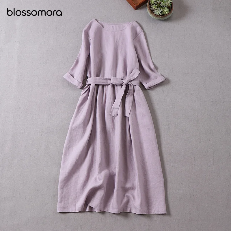Blosmore vestido de lino y algodón para mujer, ropa informal de manga corta con cuello redondo y ...