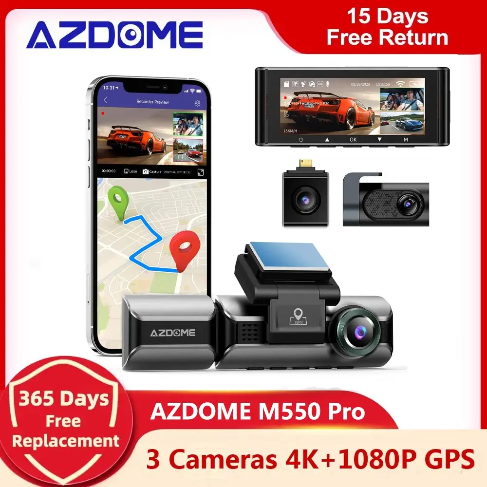 AZDOME-M550-Pro-3-Camera-Dash-Cam-4K-Front-1080-RearCam-Car-DVR-Built ...
