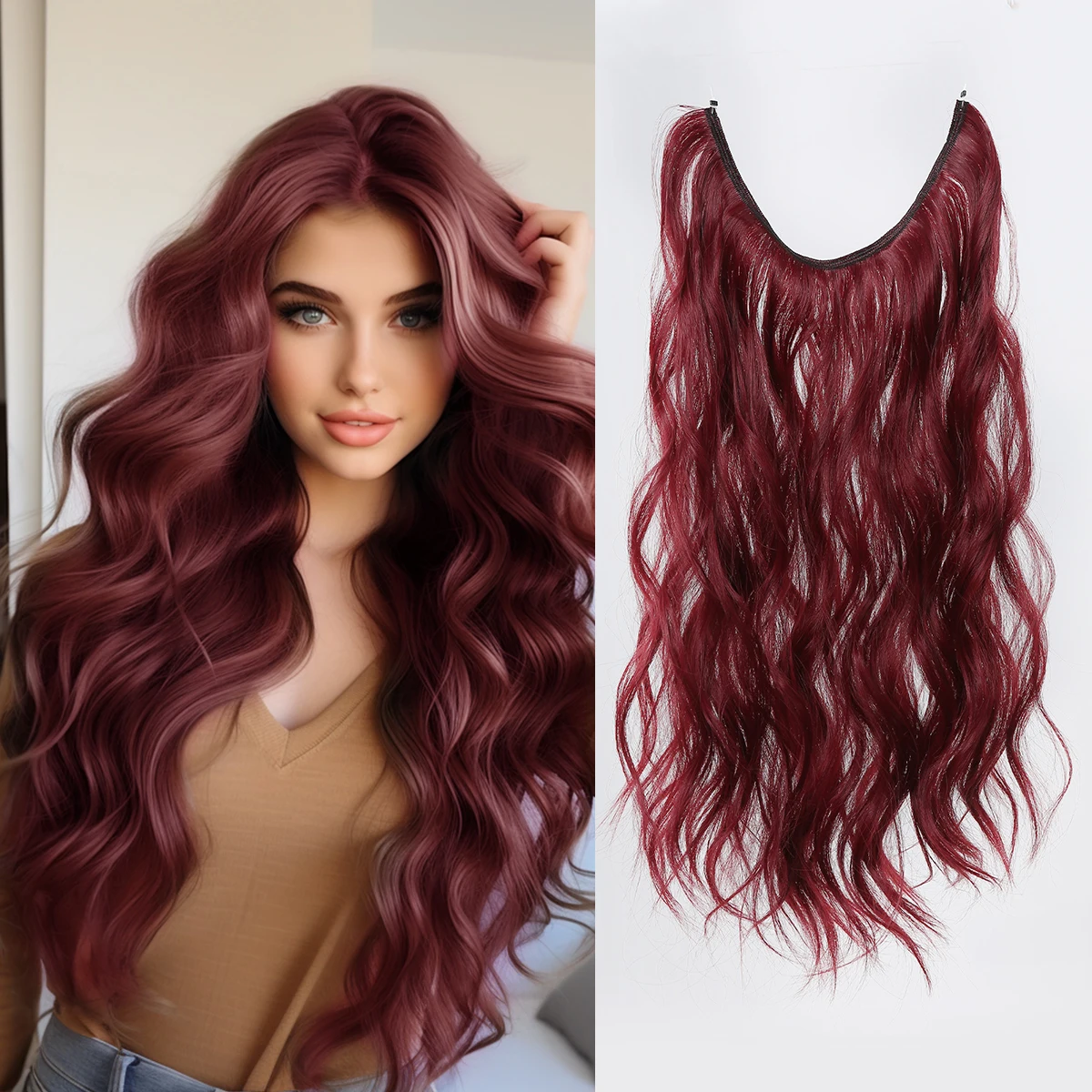 22-Inch-Wine-Red-Long-Wavy-Hair-Extensions-for-Women-Synthetic-No-Clips ...