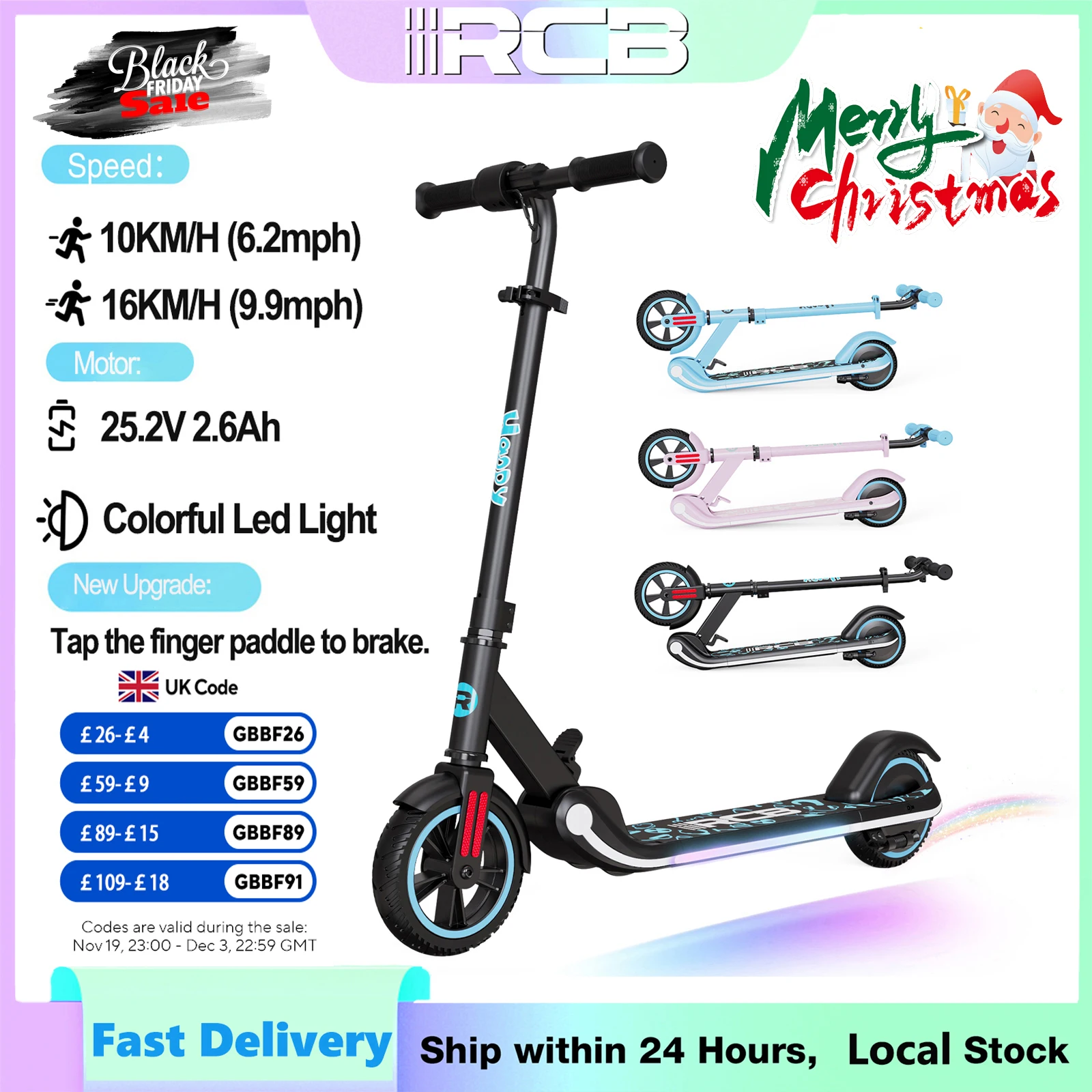 RCB Electric Scooter for Kids Ages 6-12, Up to 16KM/H & 8KM, LED ...