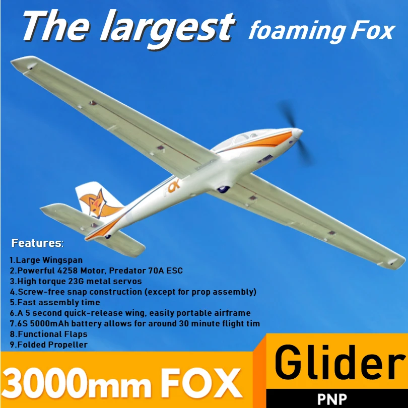 Fms Rc Airplane Plane Glider 3000mm 3m Fox With Flaps 5ch 6s Epo Pnp ...