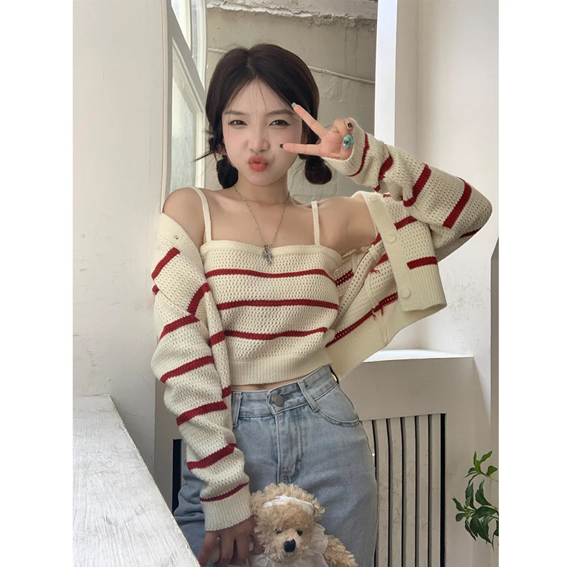 시크하고 귀여운 스트라이프 긴 소매 니트 가디건 짧은 스몰 슬링 여성용 초가을 새로운 패션 투피스 세트 2022
