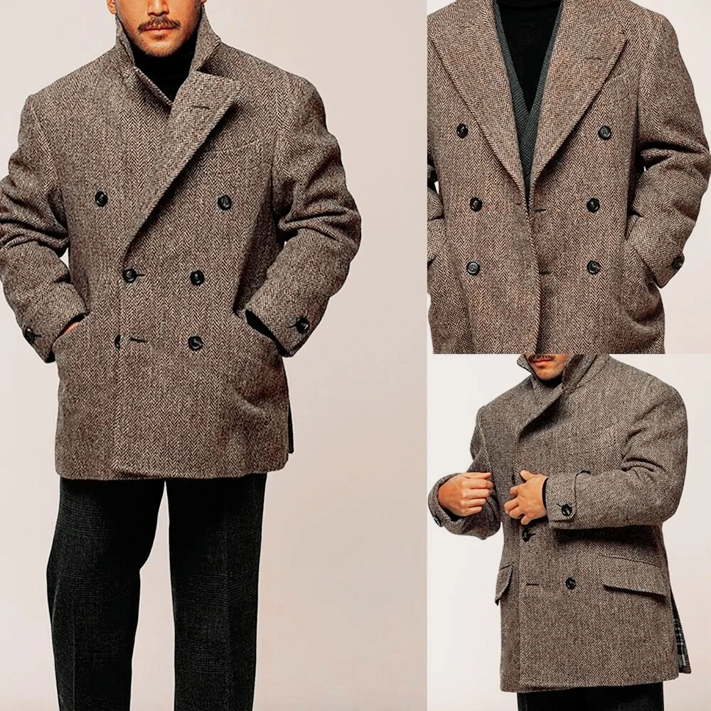 Men-s-Brown-Herringbone-Blazer-Double-Breasted-Casual-Man-Suit-Jackets ...