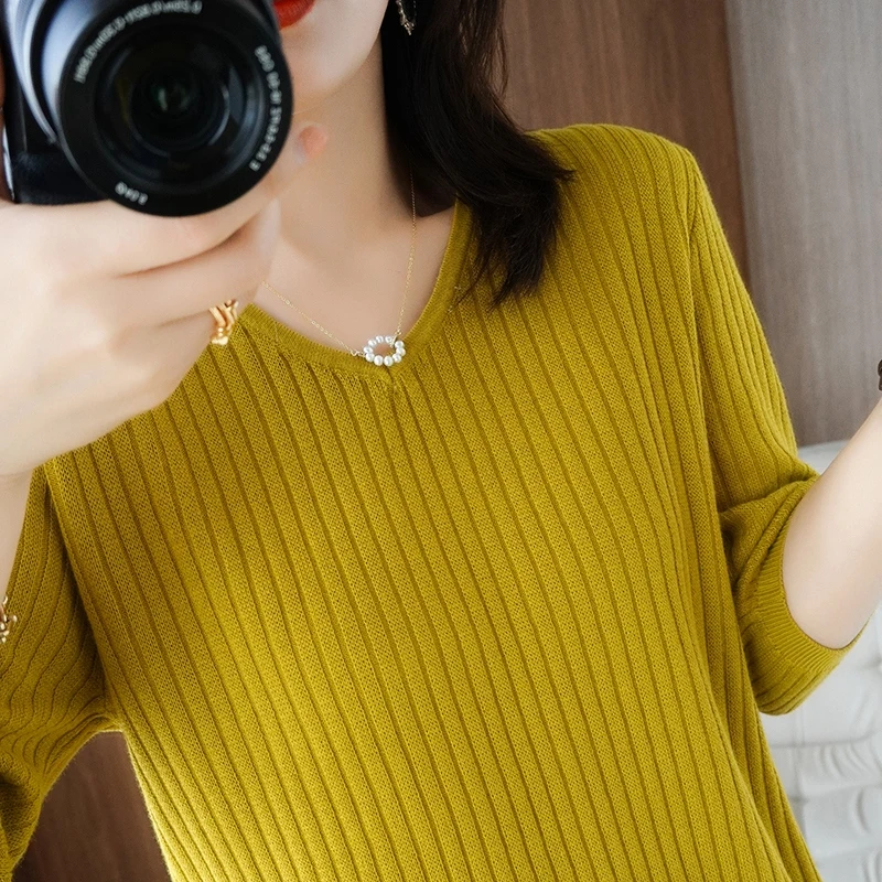 Camiseta-de-punto-de-algod-n-puro-para-mujer-Camisa-lisa-informal-de ...