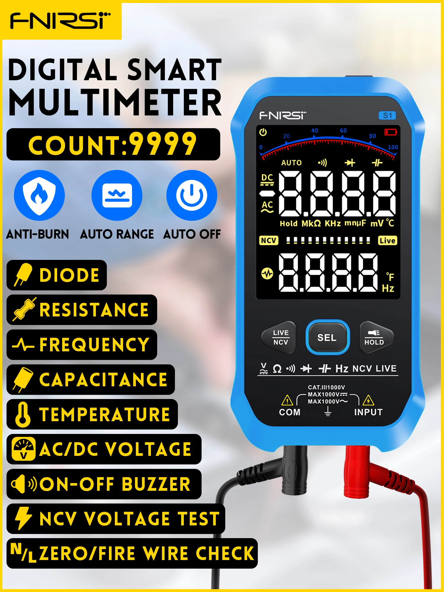 FNIRSI S1 Digital Multimeter 9999counts AC DC Voltage Resistance ...