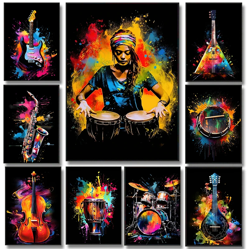 Colorful Musical Instrument Poster African Drum Bagpipe Electric Guitar ...