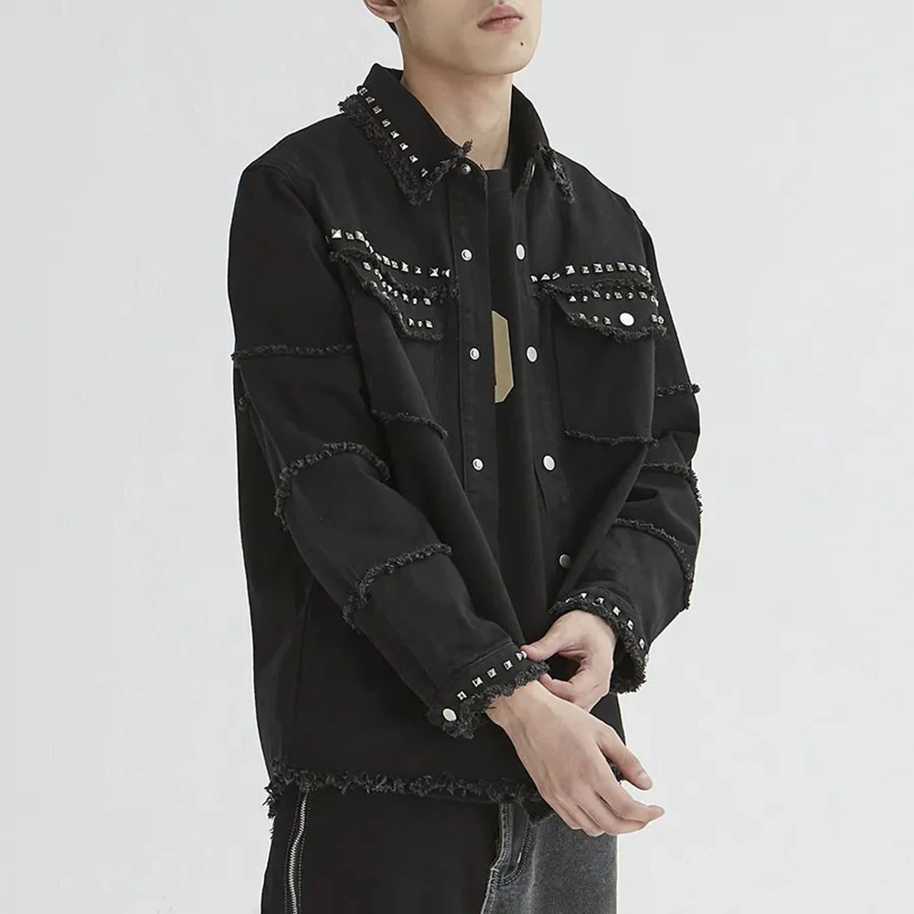 Mens-Autumn-American-Raw-Edge-Rivet-Denim-Jacket-2024-New-Fashion-Trend ...