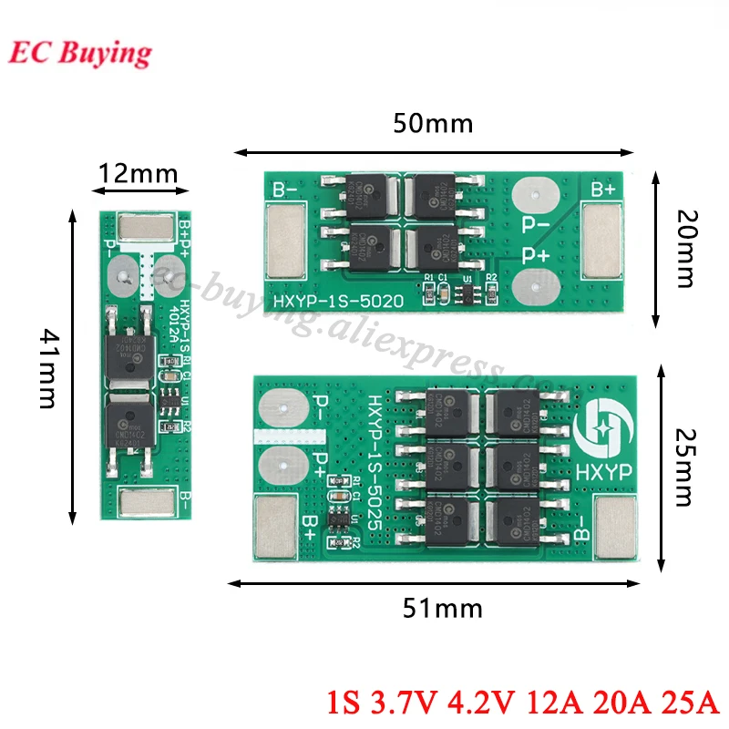BMS 1S 3.7V 4.2V 18650 리튬 배터리 보호 보드 12A 20A 25A Lion PCB 충전 전압/단락 회로 ...