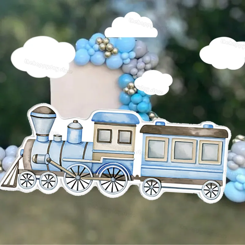Zug-wagen-Bogen-Geburtstags-feier-Kulissen-wei-e-Wolke-blau-Zug-Auto ...