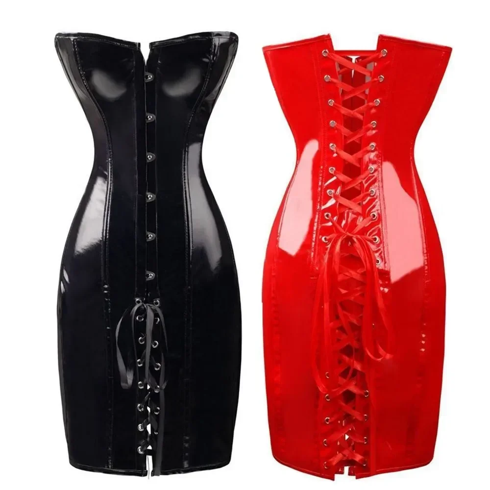 Hot-Red-Black-Body-Slim-PVC-Corset-Sexy-Club-Long-Bustier-Dress-Long ...