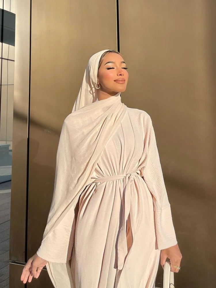 2 Pieces Matching Muslim Sets Eid Wrinkle Abayas For Women Dubai Turkey ...