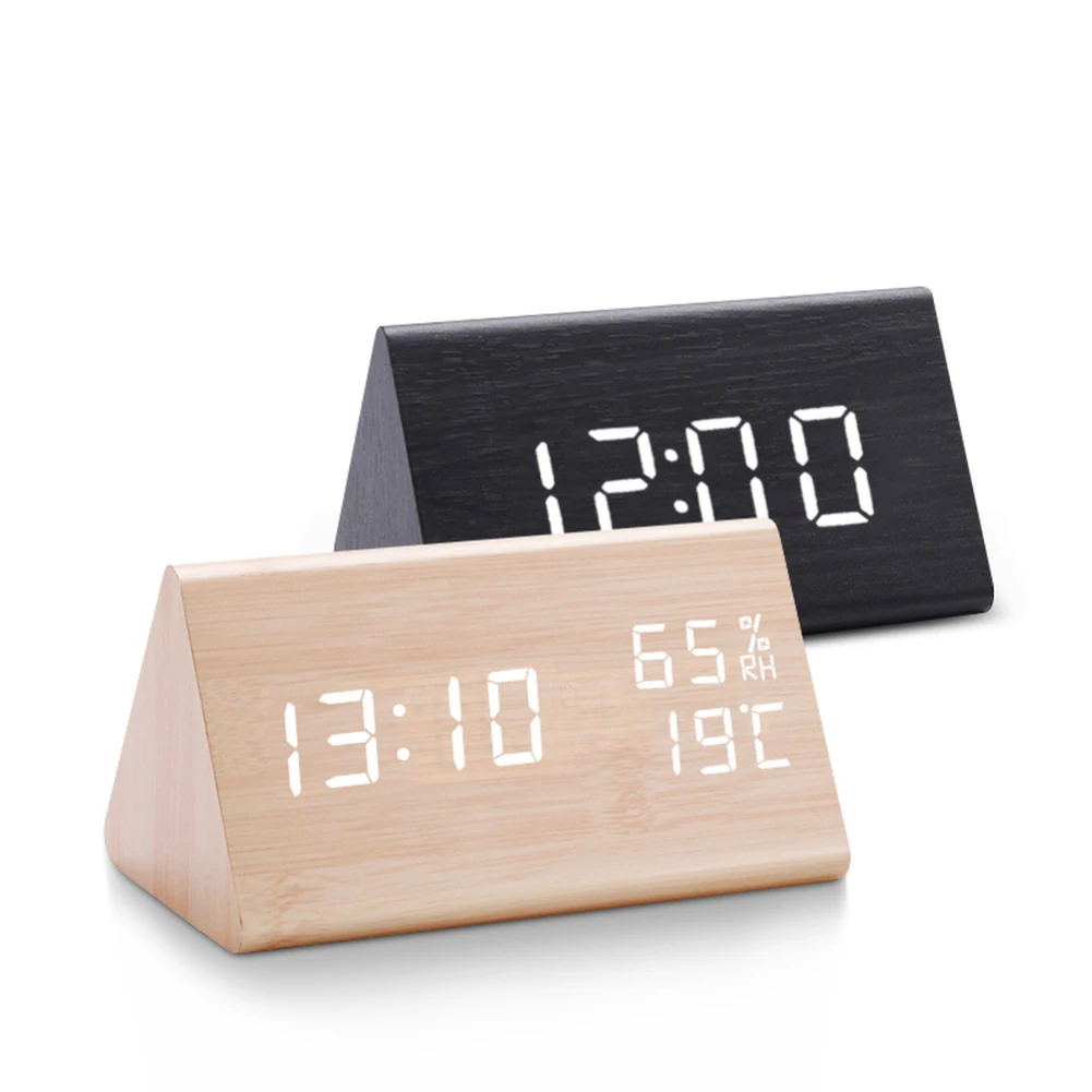 Triangular Prism LED Sound Control Digital Alarm Clocks Wooden ...