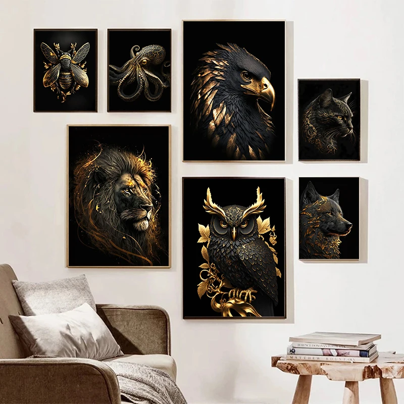 Preto-e-Dourado-Animais-P-steres-Pintura-em-Lona-Lobo-Polvo-Coruja-guia ...