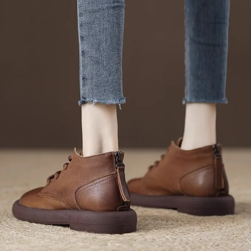 Pu-round-Toe-Rubber-Low-Heel-Less-than-3cm-Short-Front-Lace-up-Boots ...