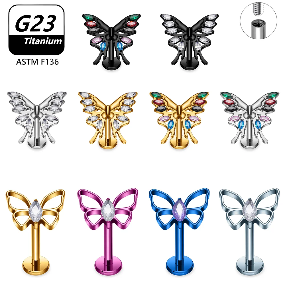 G23 Titanium Butterfly Top Labret Set Internally Threaded Tragus Helix ...