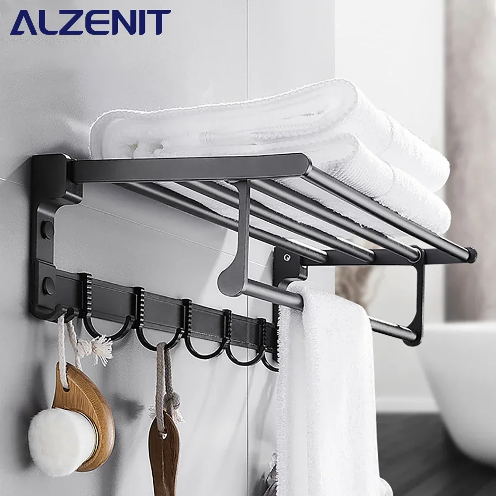 Space-Aluminum-Towel-Rack-Movable-Hook-Holder-Wall-Mount-Shelf-Shower ...