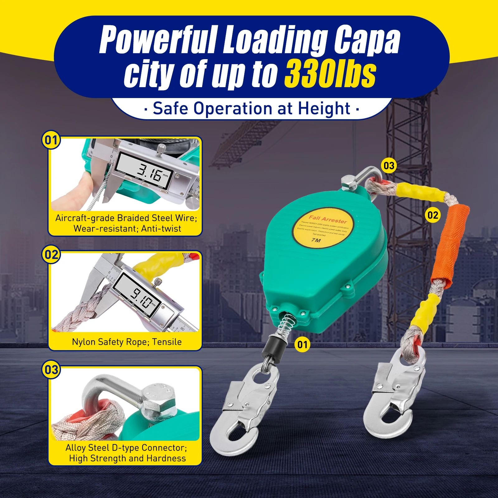 7M-Self-Retracting-Lifeline-330lbs-Arrester-Fall-Protection-With-Alloy ...