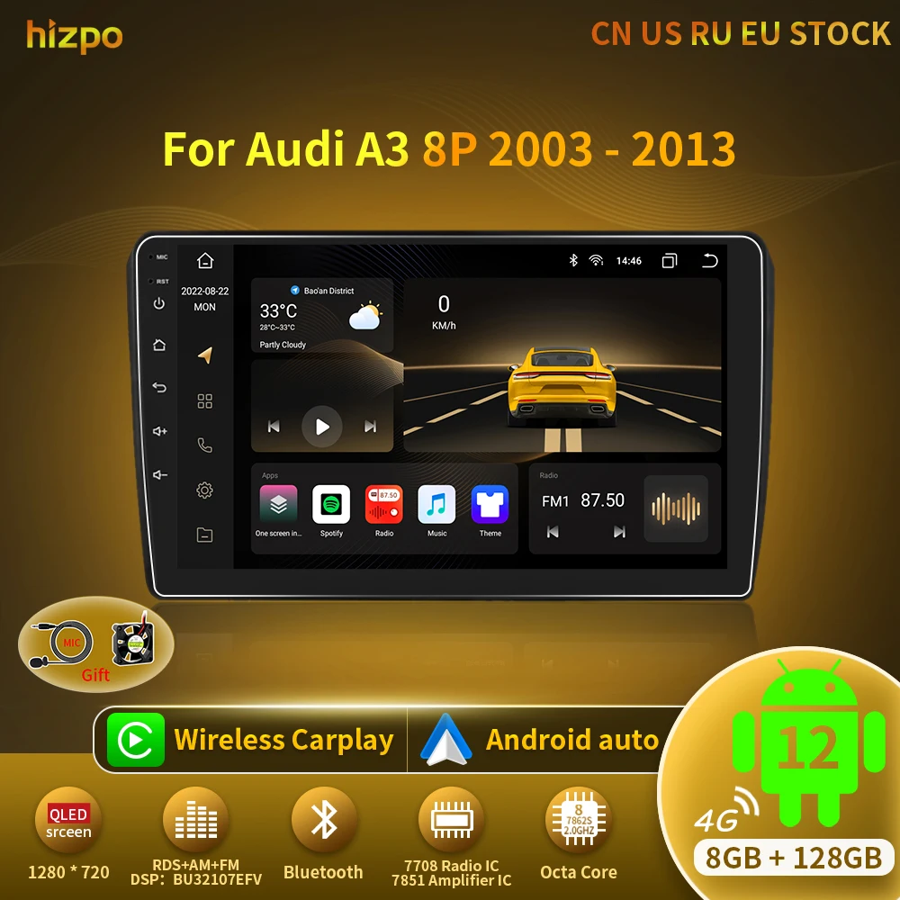 Hizpo Autoradio avec écran pour Audi A3 8P 2003 2012, Carplay, 9 ", 2 Din, Android 12, Stéréo ...