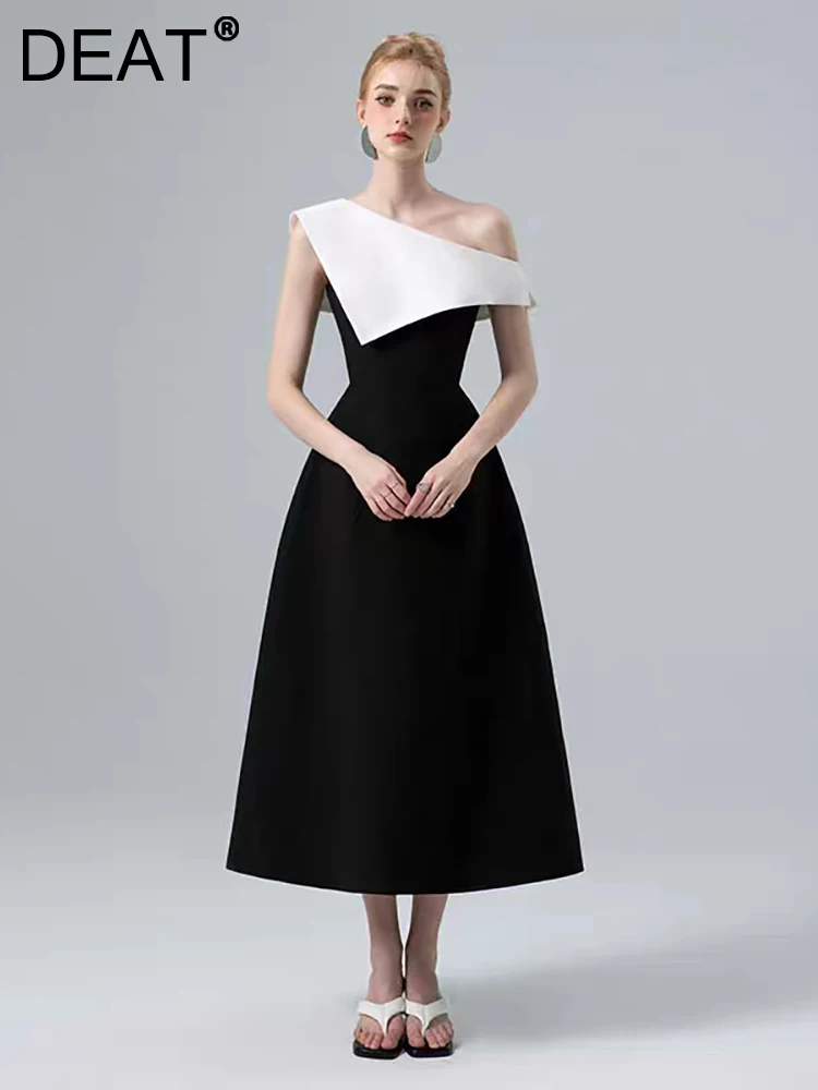 DEAT-Women-s-Fashion-Dress-Diagonal-Collar-Sleeve-Patchwork-Contrast ...