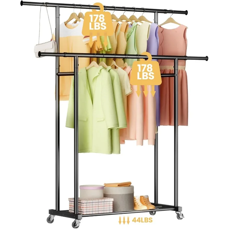 Rolling-Clothes-Rack-Heavy-Duty-Load-400LBS-Double-Rod-Clothing-Rack ...