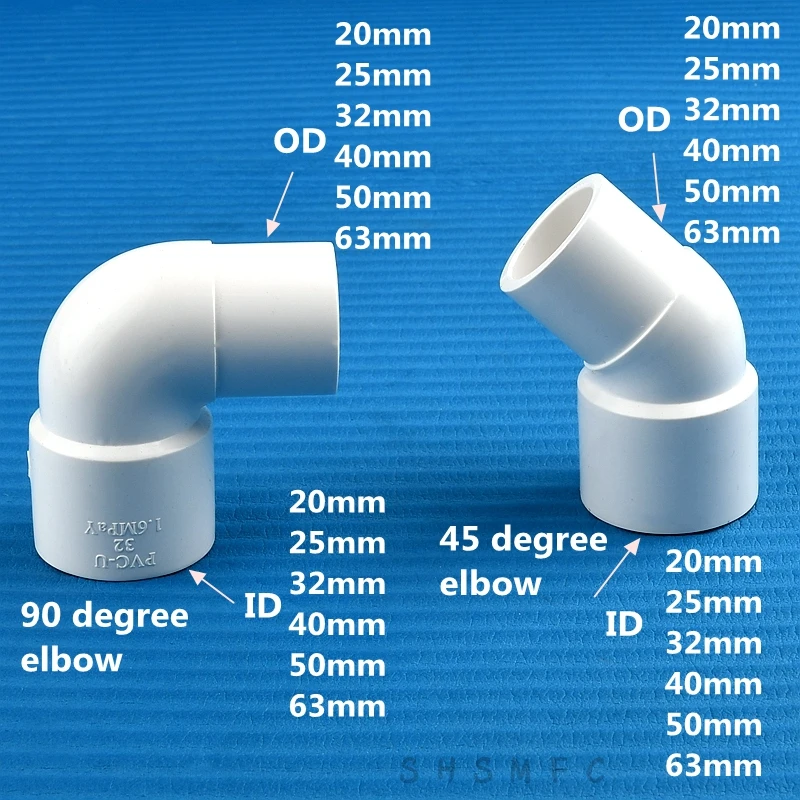 Pvc 90 45 Degree Pipe Fittings Elbow Connectors 20 25 32 40 50 63mm Od pvc-90-45-degree-pipe-fittings-elbow-connectors-20-25-32-40-50-63mm-od