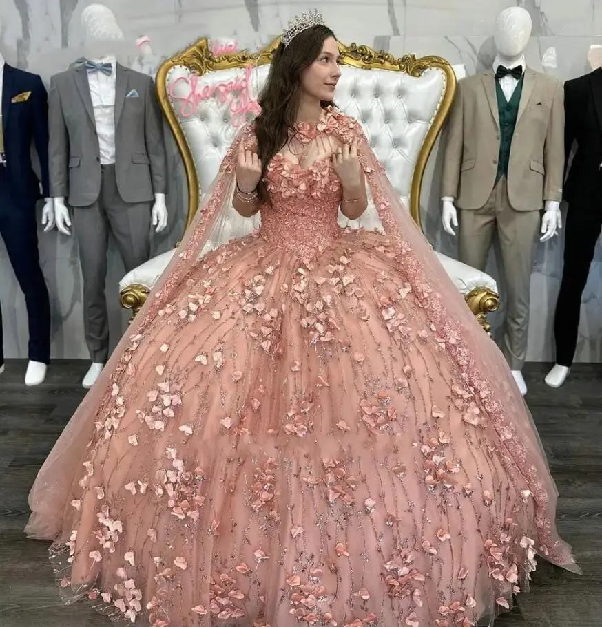 Rose-Gold-3D-Flowers-Crystal-Quinceanera-Dress-With-Cape-Appliques ...