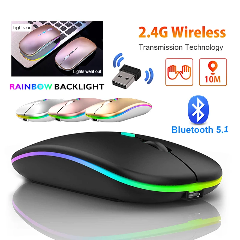 Bluetooth Wireless Mouse with USB Rechargeable RGB Backlight Mouse for ...