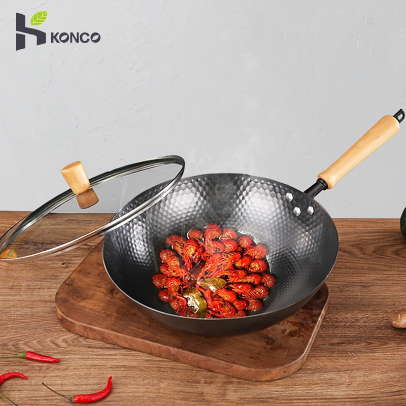 Carbon Steel Wok Pot 32cm Nonstick Stir Frying Pan Cookware With Wooden ...